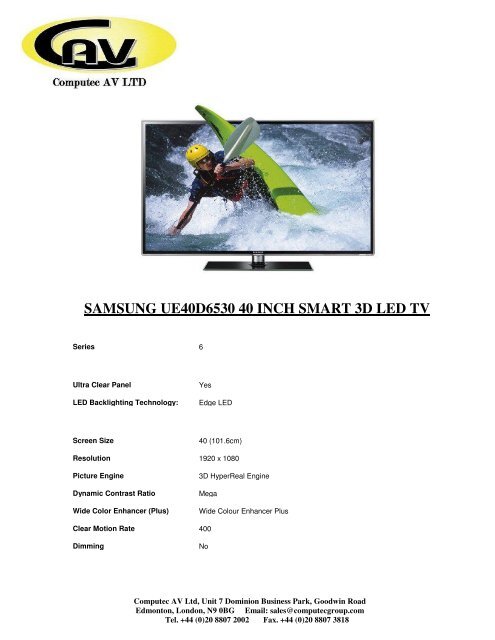samsung ue40d6530 40 inch smart 3d led tv - Computec AV Ltd
