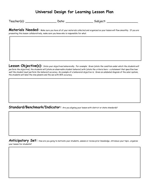 Universal Design for Learning Lesson Plan - Special Connections Universal Design for Learning Lesson Plan - Special Connections
