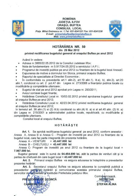 HOTÄ RÃ REA NR. 50 - Primaria buftea