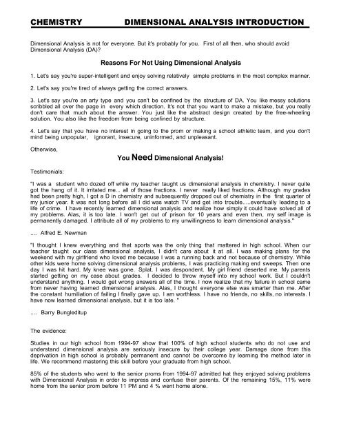 CHEMISTRY DIMENSIONAL ANALYSIS INTRODUCTION