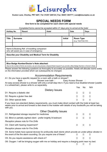 SPECIAL NEEDS FORM - Leisureplex Hotels