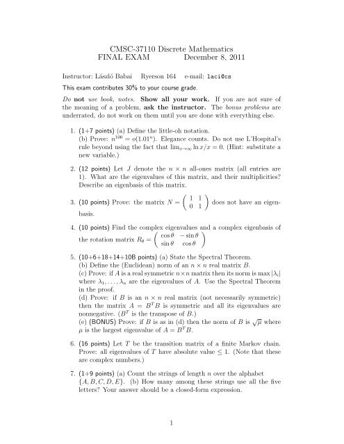 CMSC-37110 Discrete Mathematics FINAL EXAM ... - People CMSC-37110 Discrete Mathematics FINAL EXAM ... - People
