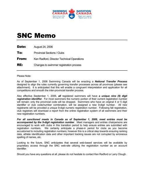SNC Memo - Swim Ontario