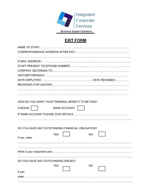 EXIT FORM - Integrated Corporate Services Limited