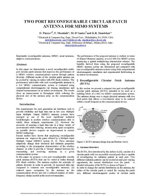 Two Port Reconfigurable Circular Patch Antenna For Mimo Systems