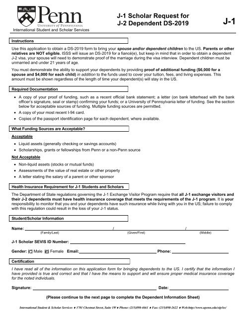 Request for J-2 Dependent DS-2019 - Penn Global - University of ...
