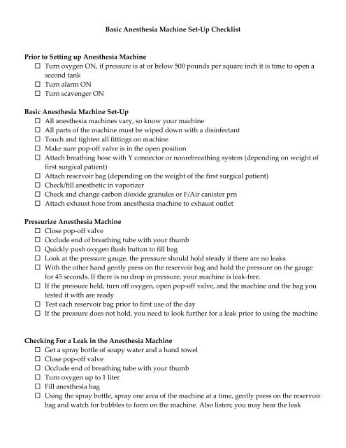 Basic Anesthesia Machine Set-Up Checklist Prior to ... - SonoPath