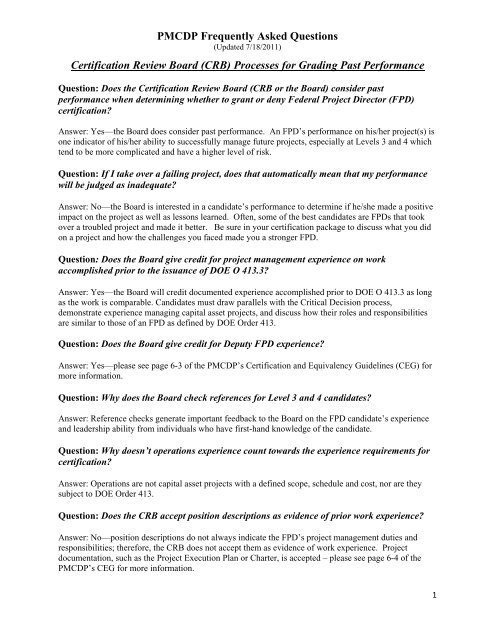 PMCDP Frequently Asked Questions Certification Review Board ...