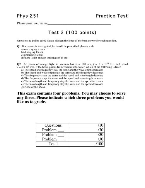 Phys 251 Practice Test Test 3 (100 points) This exam ... - Web Physics