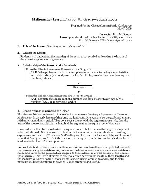 Mathematics Lesson Plan for 7th Gradeâ Square Roots
