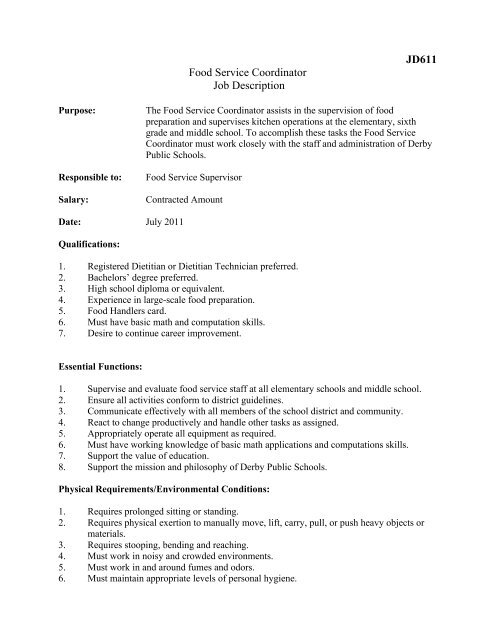 JD611 Food Service Coordinator Job Description - Derby Public ...