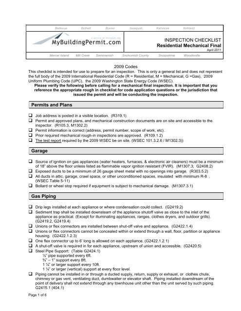 Final Mechanical checklist - MyBuildingPermit.com