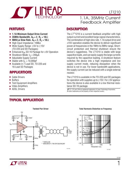 LT1210 - 1.1A, 35MHz Current Feedback Amplifier (CFA) - Linear ...