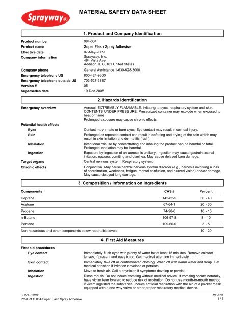 Sprayway 84 Super Flash Spray Adhesive MSDS