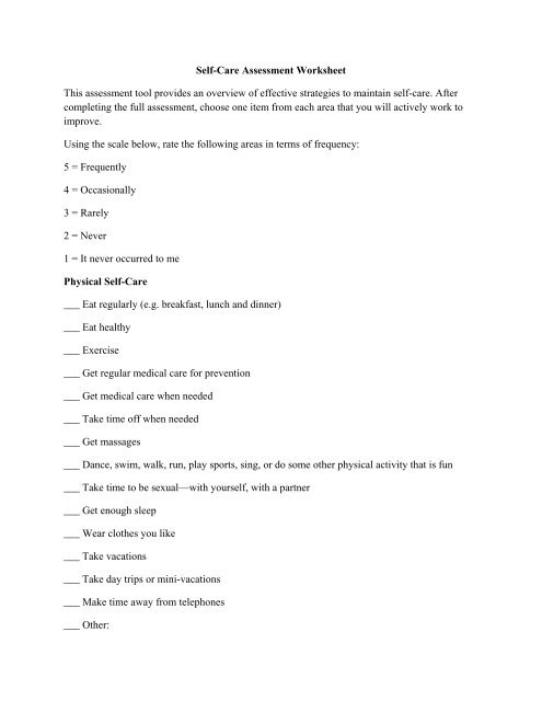 Self-Care Assessment Worksheet This assessment tool provides an ...