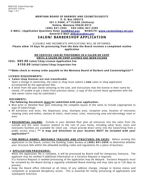 SALON/ BARBERSHOP APPLICATION - Montana DLI