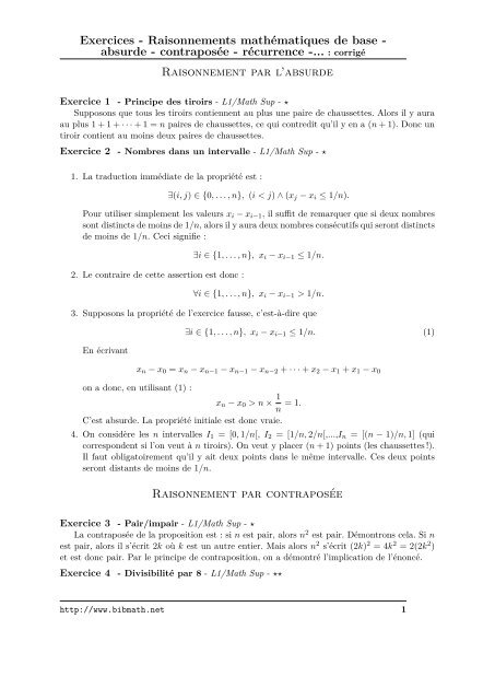 Exercices - Raisonnements mathÃ©matiques de base ... - Bibmath