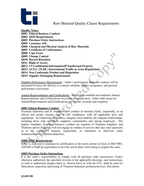 Raw Material Quality Clause Requirements - Titanium Industries