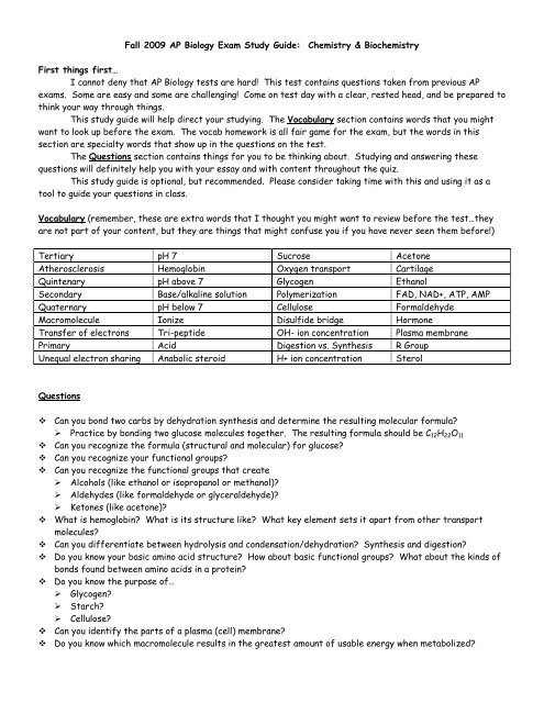 AP Biology Biochem Exam Study Guide