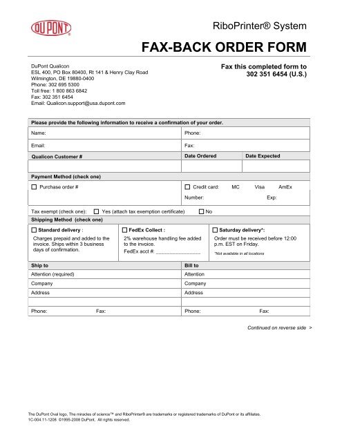 FAX-BACK ORDER FORM - DuPont
