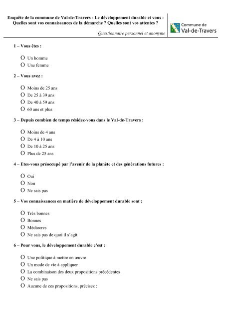 Questionnaire Ã remplir - Val-de-Travers