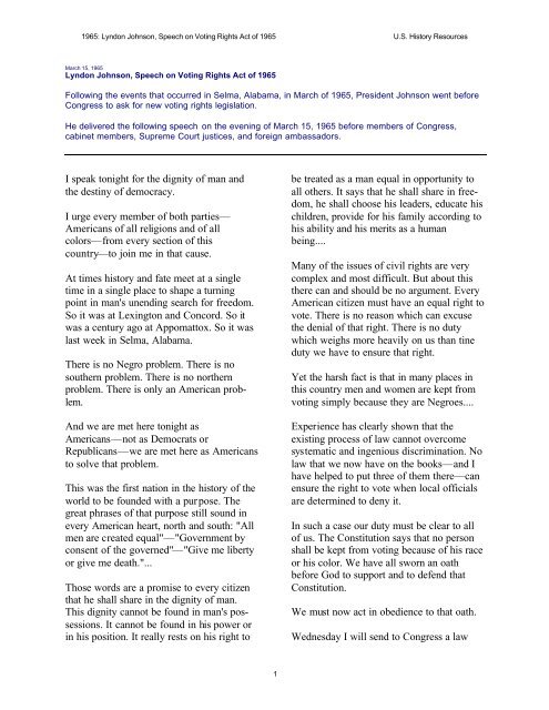 1965: Lyndon Johnson, Speech on Voting Rights Act of 1965