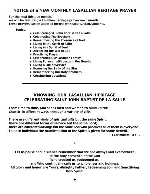 lasallian heritage - Christian Brothers of the Midwest