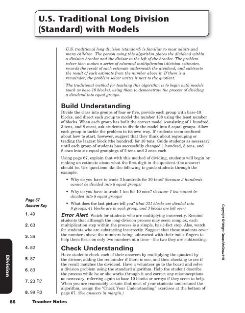 U.S. Traditional Long Division (Standard) with Models