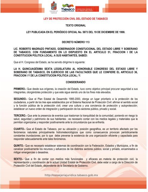 LEY DE PROTECCION CIVIL DEL ESTADO DE TABASCO