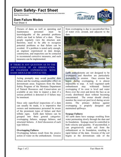 Dam Failure Modes - Montana Watercourse Dam Failure Modes - Montana Watercourse
