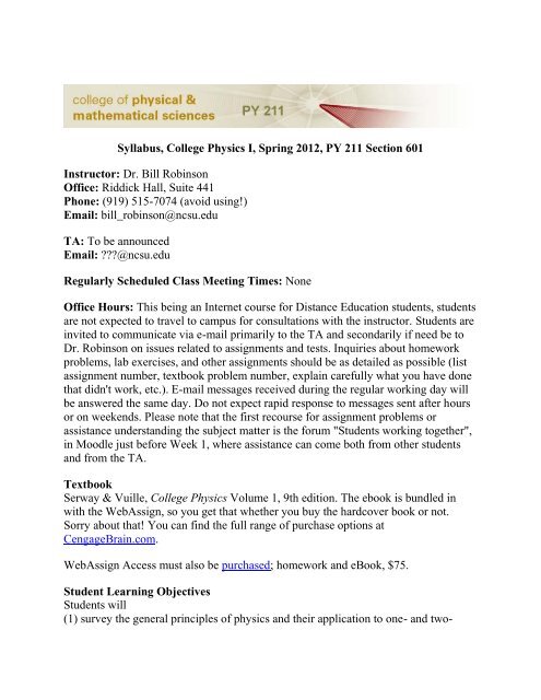 Syllabus College Physics I Spring 2012 Py 211 Section 601