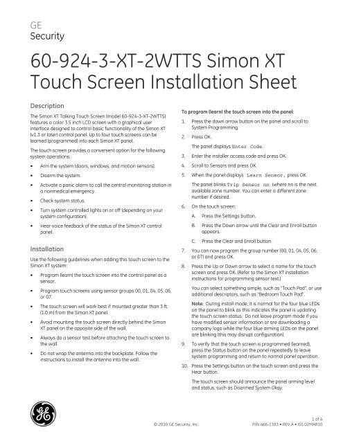 60-924-3-XT-2WTTS Simon XT Touch Screen Installation ... - Interlogix