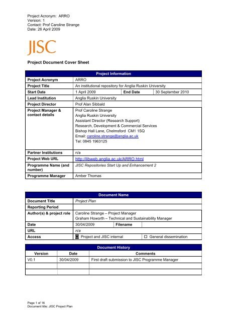 ARRO Project Plan - Anglia Ruskin University Library