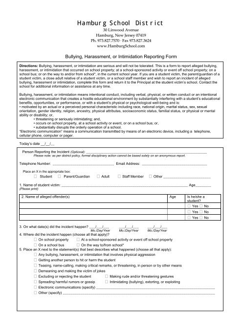 HIB Reporting Form - Hamburg School District Online