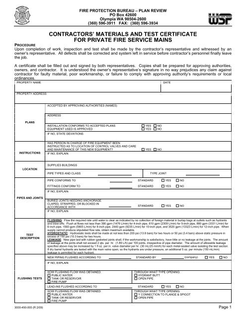 Contractors Materials & Test Certificate for Private Fire Service Mains