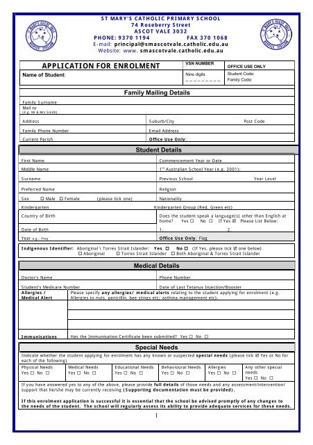 Enrolment Form - St Mary's Primary School