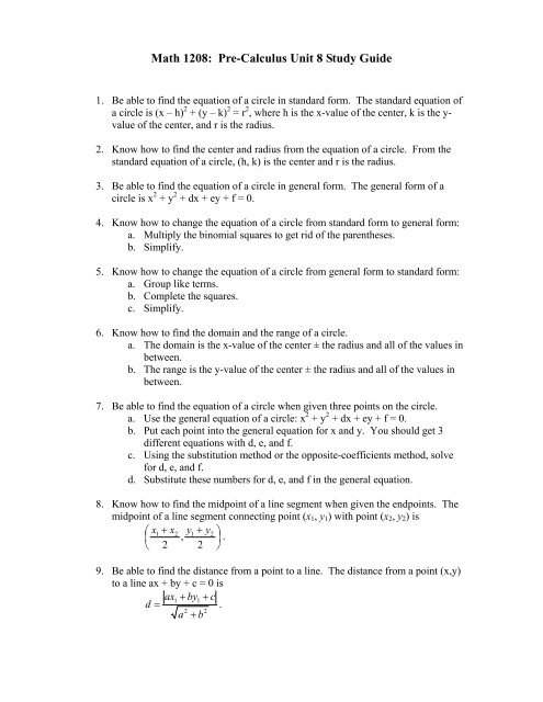 Math 1202: Pre-Calculus Unit 2 Study Guide