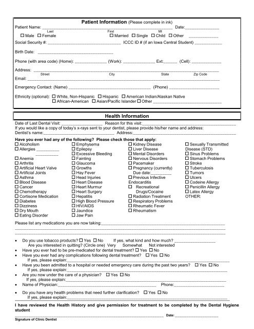 Sample New Patient Questionnaire - Iowa Central Community College