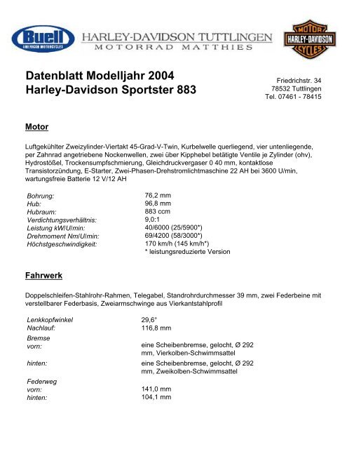 Sportster 883/Datenblatt - Harley-Davidson Tuttlingen - Motorrad ...