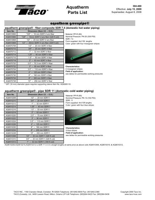 Aquatherm Parts List - Taco-Hvac