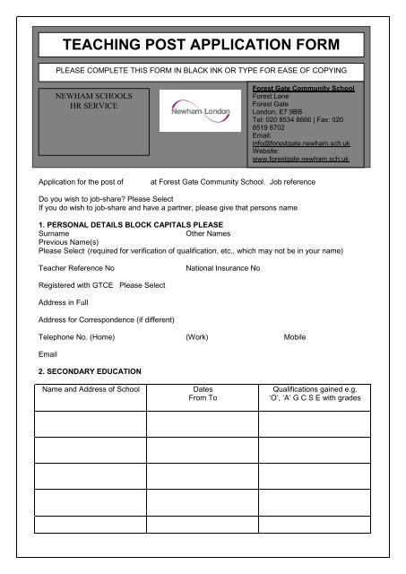 TEACHING POST APPLICATION FORM