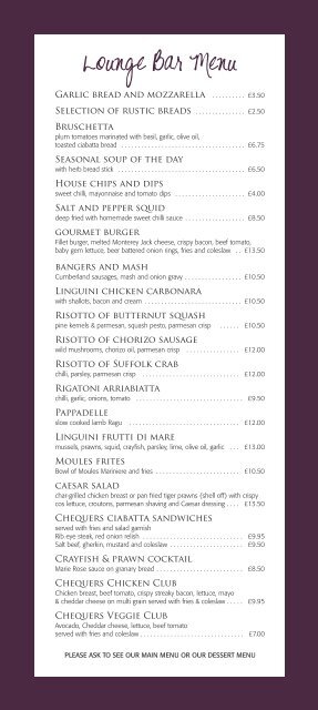 Lounge Bar Menu - The Chequers Pub and Restaurant in Matching ...