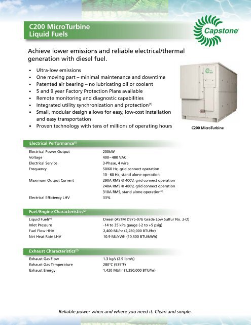C200 MicroTurbine Liquid Fuels - Capstone Turbine