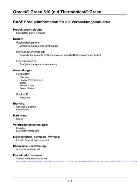 Oracet® Green 810 (old Thermoplast® Green - BASF Packaging ...