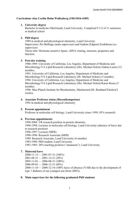 CV/Vetenskapliga meriter fÃ¶r Cecilia Holm Wallenberg