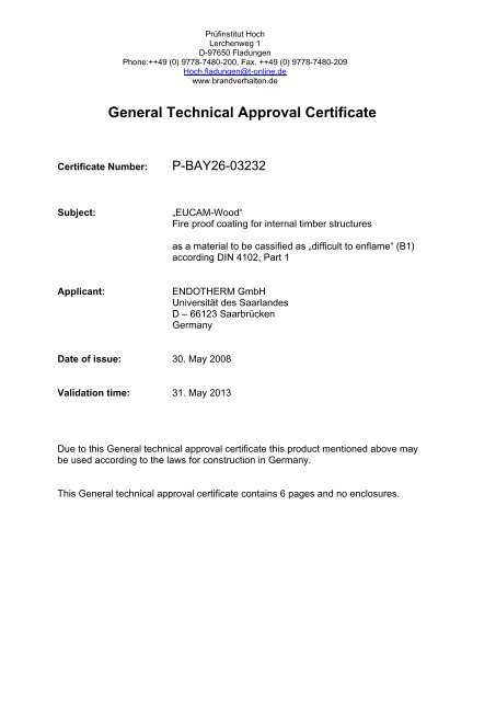 General Technical Approval Certificate - Endotherm Brandschutz