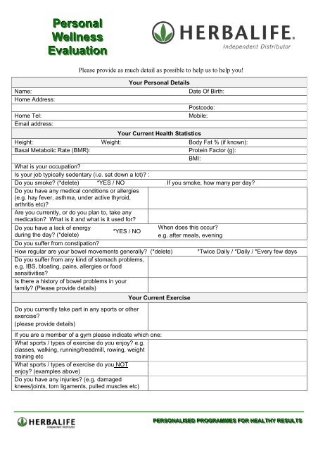 Personal Wellness Evaluation - Hbitl.net