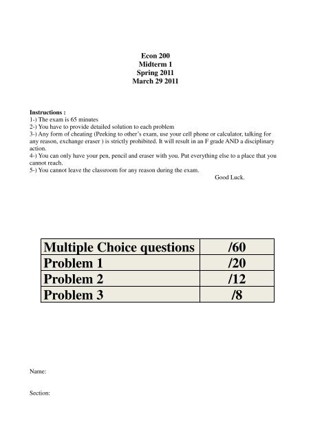 Multiple Choice questions /60 Problem 1 /20 Problem 2 /12 Problem ...
