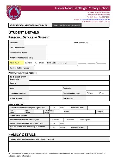 Student Enrolment Form - Tucker Road Bentleigh Primary School
