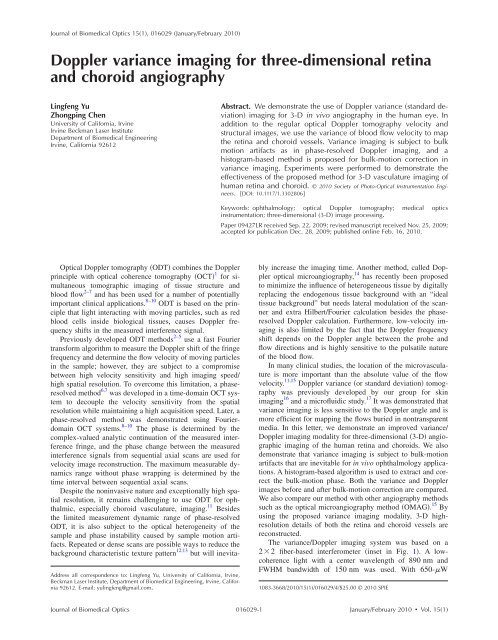 Doppler variance imaging for three-dimensional ... - Zhongping Chen